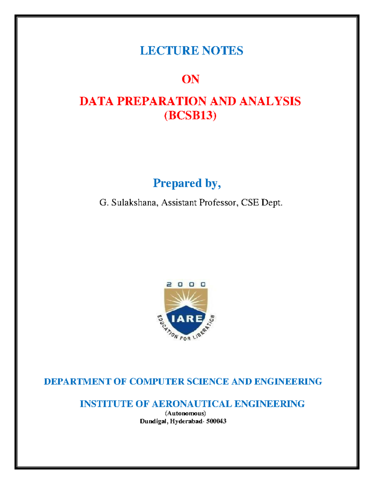 Data analytics - good notes - LECTURE NOTES ON DATA PREPARATION AND ...