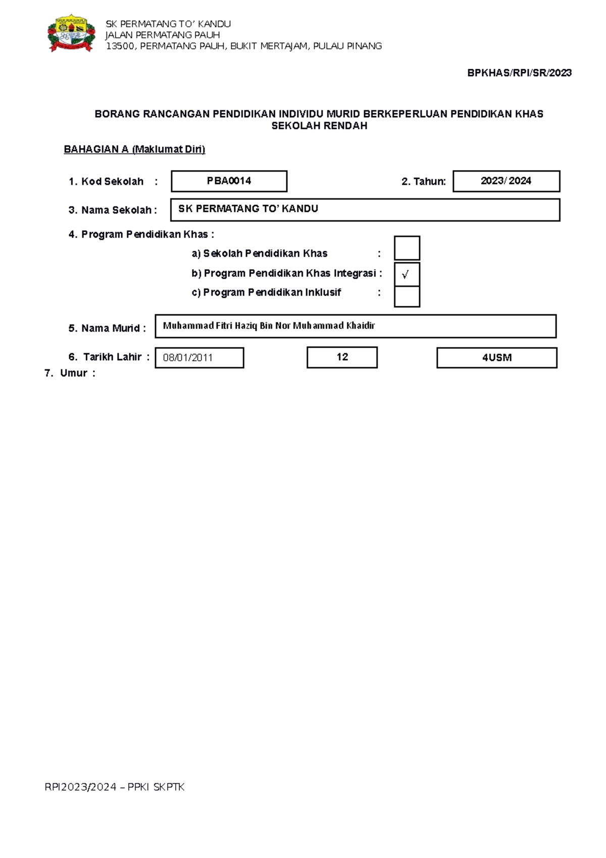 RPI Fitri Hazoq 2023 - BPKHAS/RPI/SR/ BORANG RANCANGAN PENDIDIKAN ...