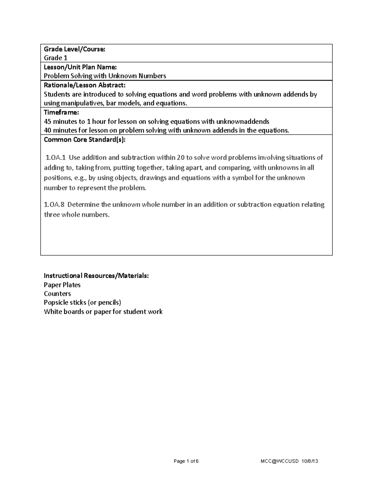 Workingwith Unknowns V 2 - Grade Level/Course: Grade 1 Lesson/Unit Plan ...