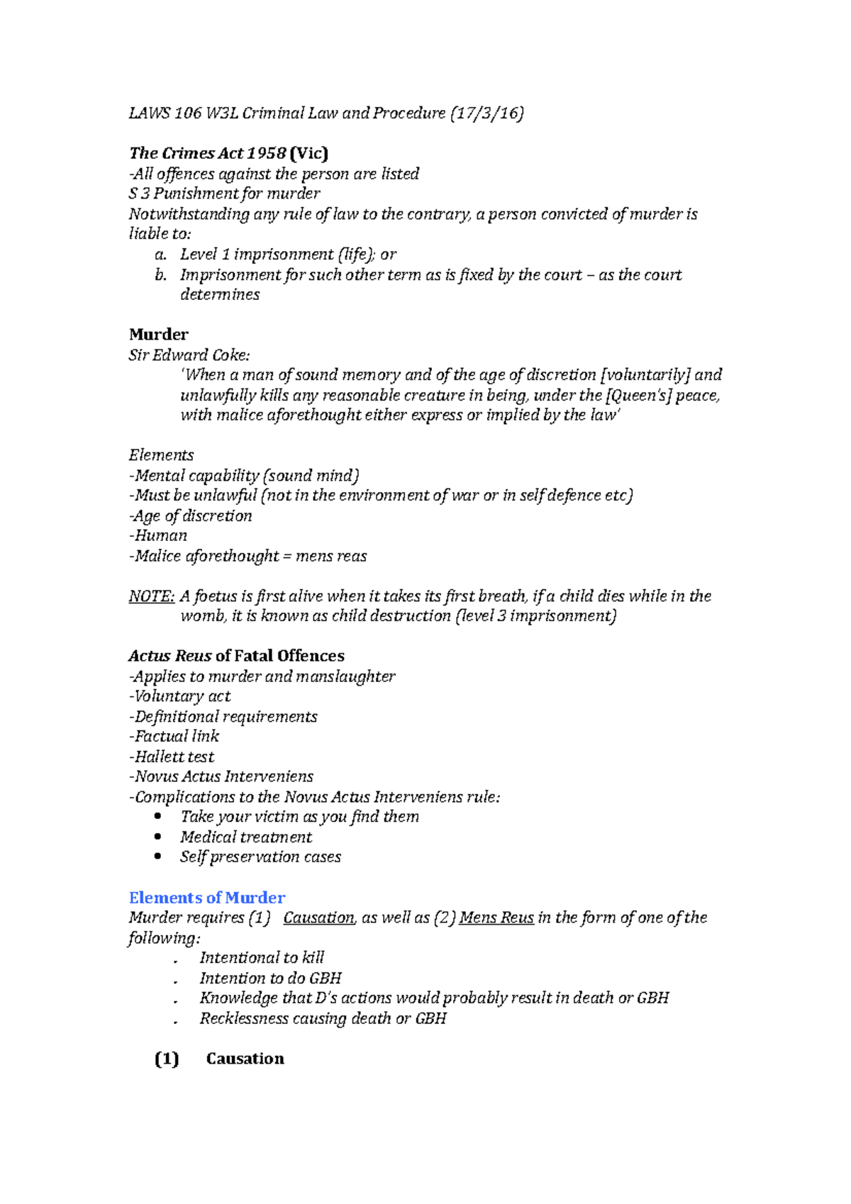 LAWS 106 W3L Fatal Offences - LAWS 106 W3L Criminal Law and Procedure ...