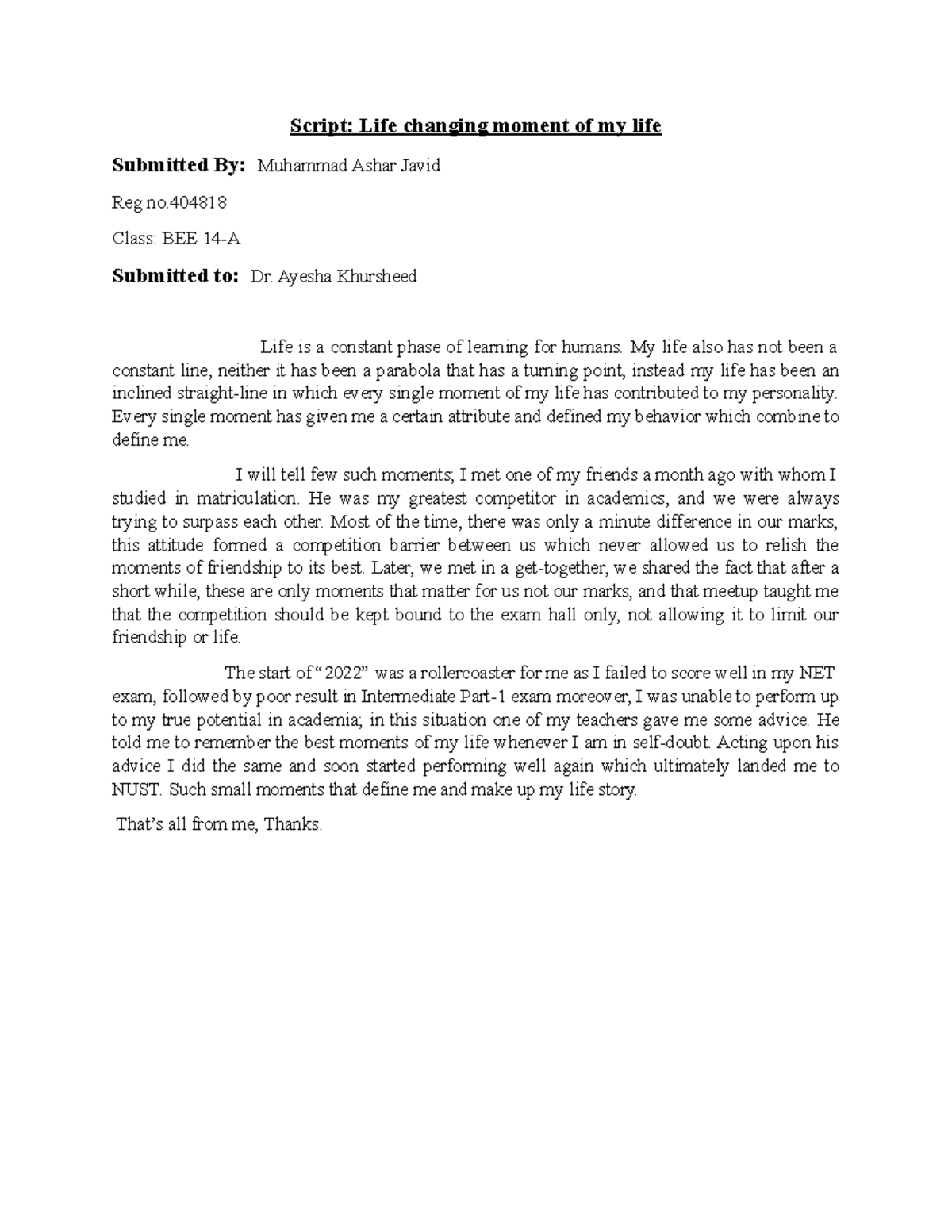 Script-English - A script on my life - Script: Life changing moment of ...