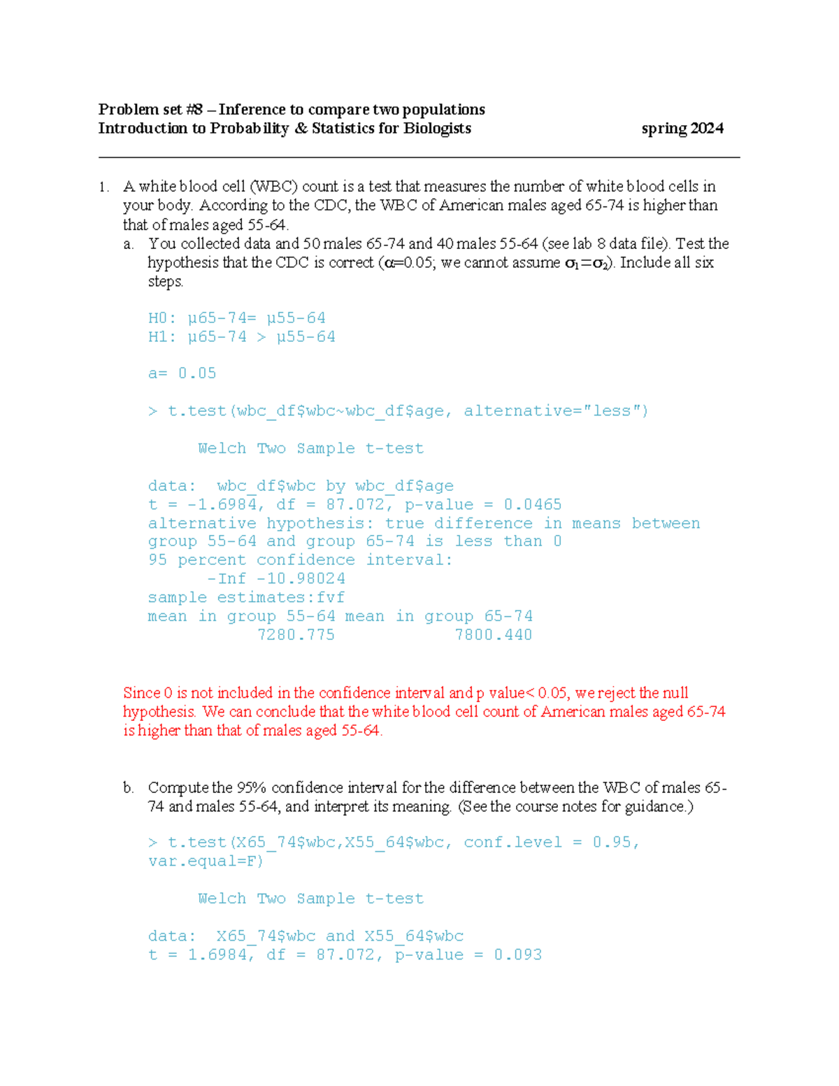 Prob set 8- 2024 - Problem set #8 – Inference to compare two populations Introduction to ...