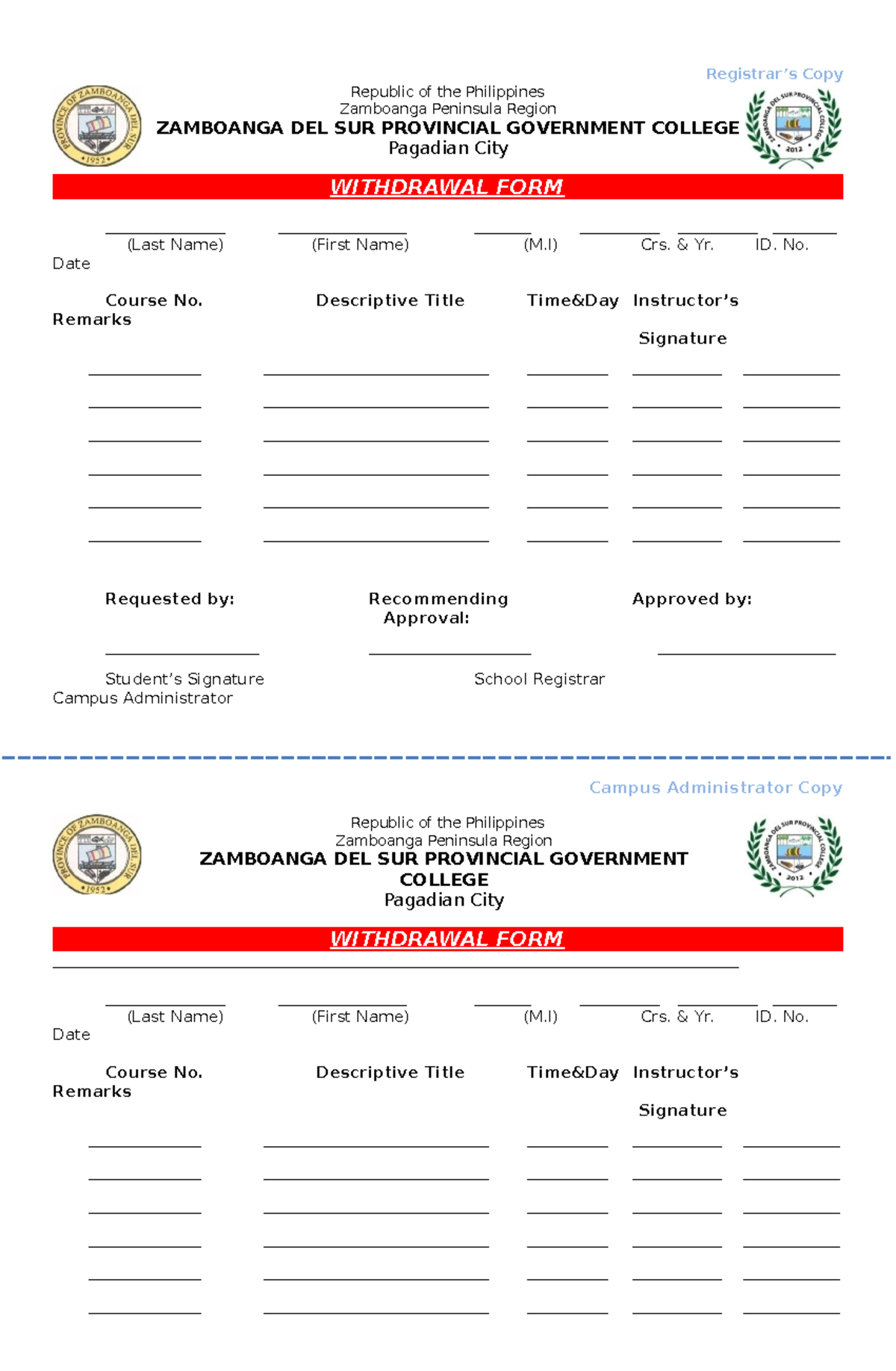 Withdrawal FORM updated - Registrar’s Copy Republic of the Philippines ...