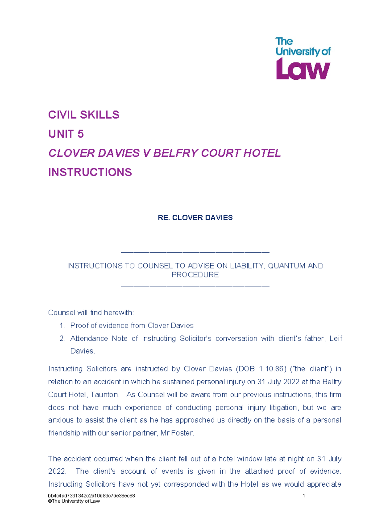 clover davies v belfry court instructions - CIVIL SKILLS UNIT 5 CLOVER ...
