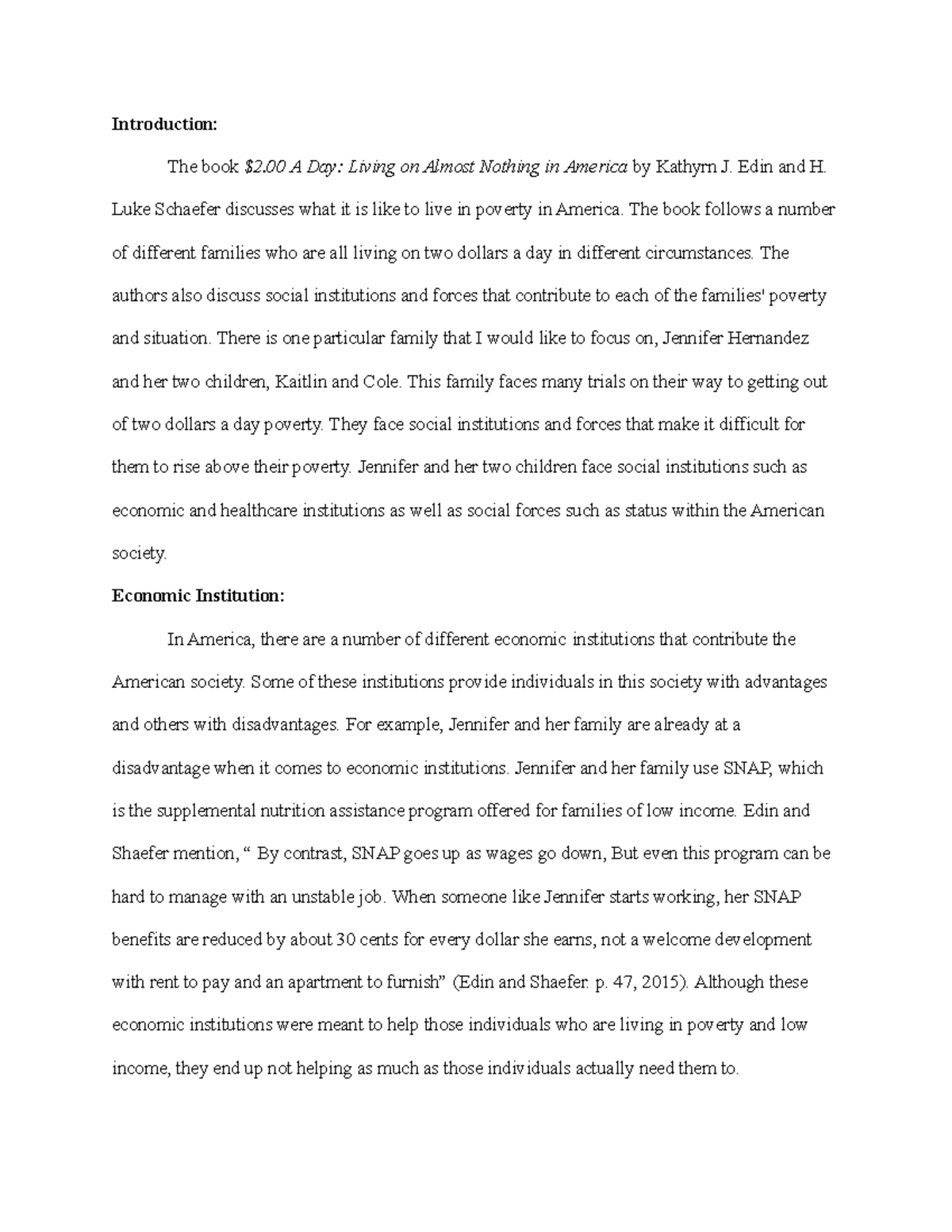 SOC 1571: May Assignment - Introduction: The book $2 A Day: Living on ...