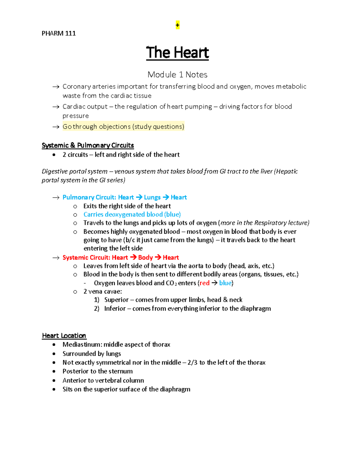 The Heart Lecture Notes - PHARM 111 The Heart Module 1 Notes → Coronary ...