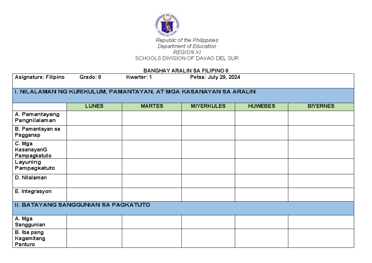 DLL Filipino 8 - Template - Republic of the Philippines Department of ...