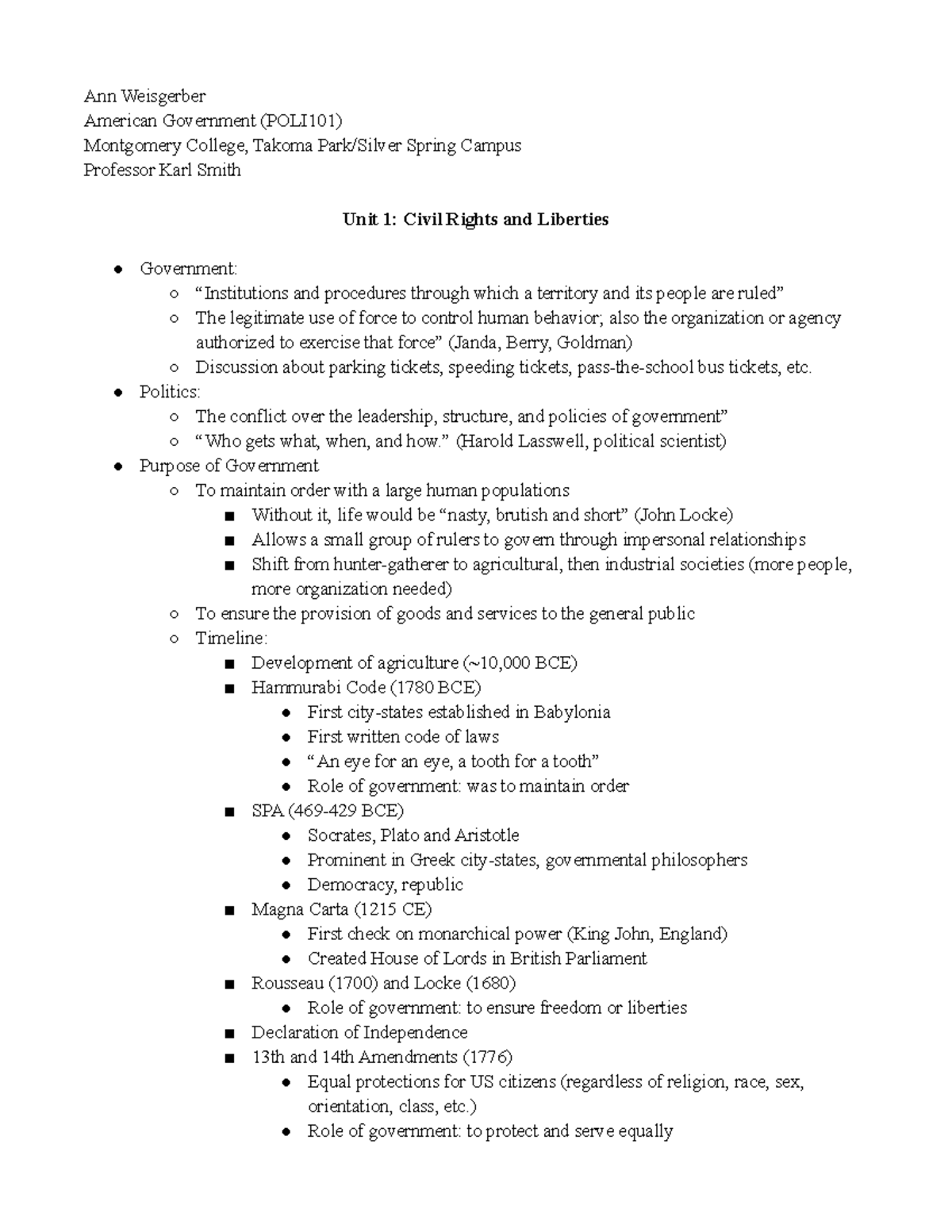 Unit 1 Notes - Ann Weisgerber American Government (POLI101) Montgomery ...