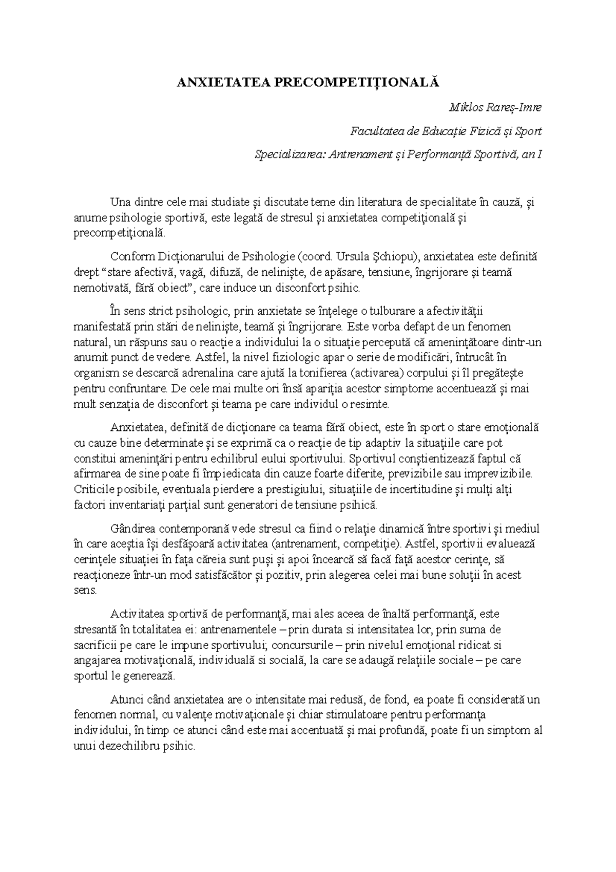 Proiect asistsnta psihologică - ANXIETATEA PRECOMPETIȚIONALĂ Miklos ...