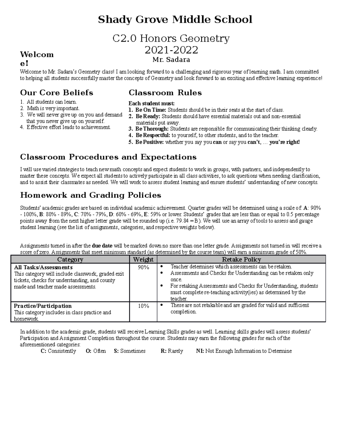Syllabus welcome letter Geometry 21-22 - Welcom e! Shady Grove Middle ...