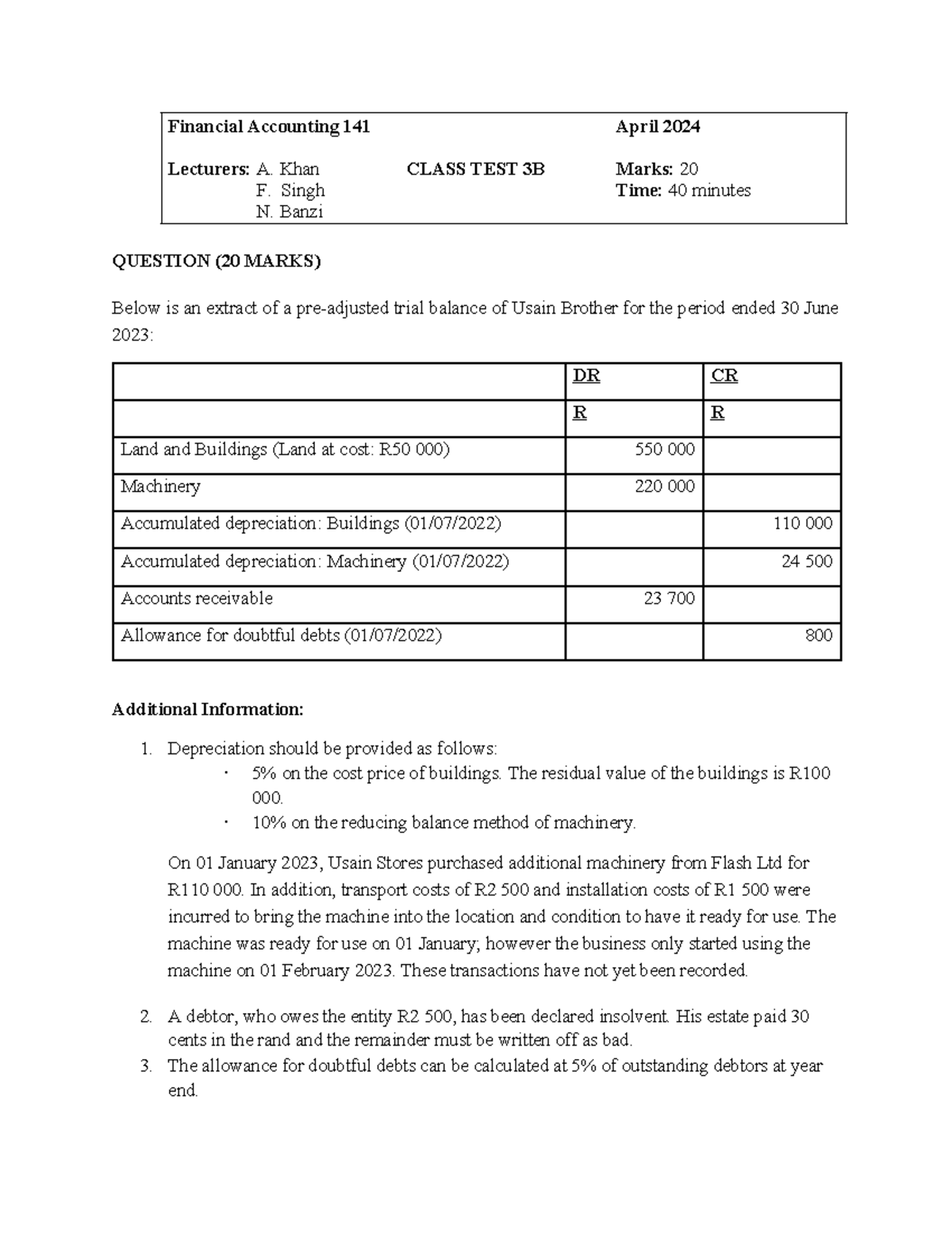 Class Test 3B - Financial Accounting 141 April 2024 Lecturers: A. Khan ...