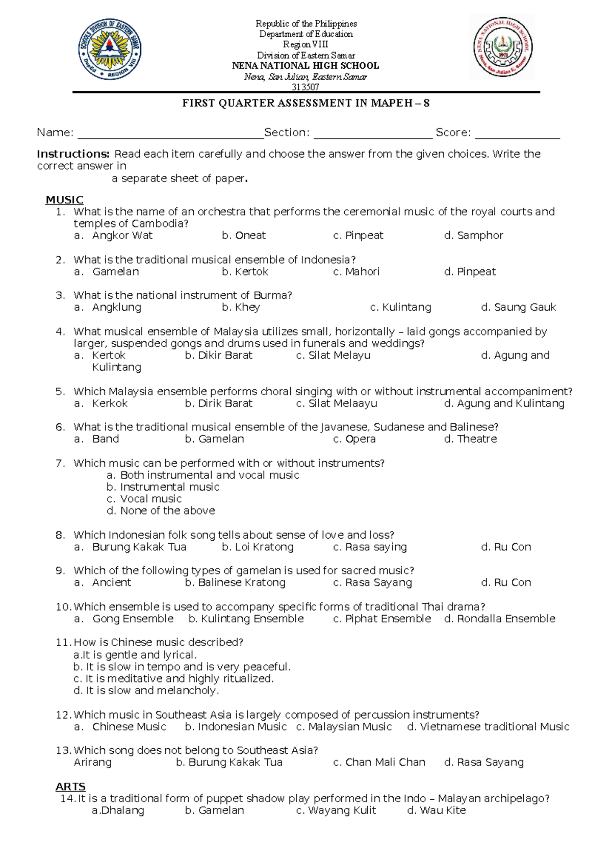 Mapeh Q1 - Examination - FIRST QUARTER ASSESSMENT IN MAPEH – 8 Name ...