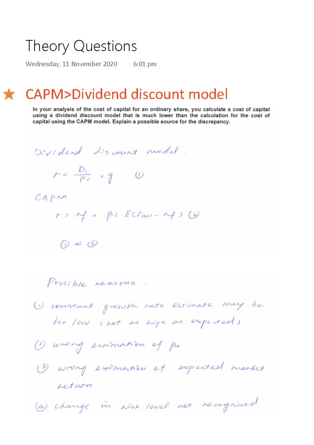 Afin2053 Theory Question Summary - CAPM>Dividend discount model ...