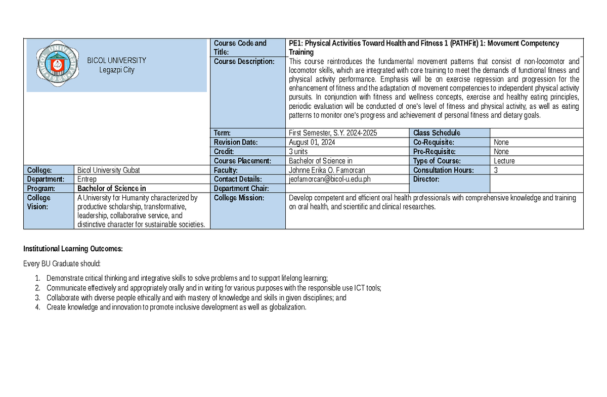 Pathfit 1 Syllabus 2024-2025 - BICOL UNIVERSITY Legazpi City Course ...