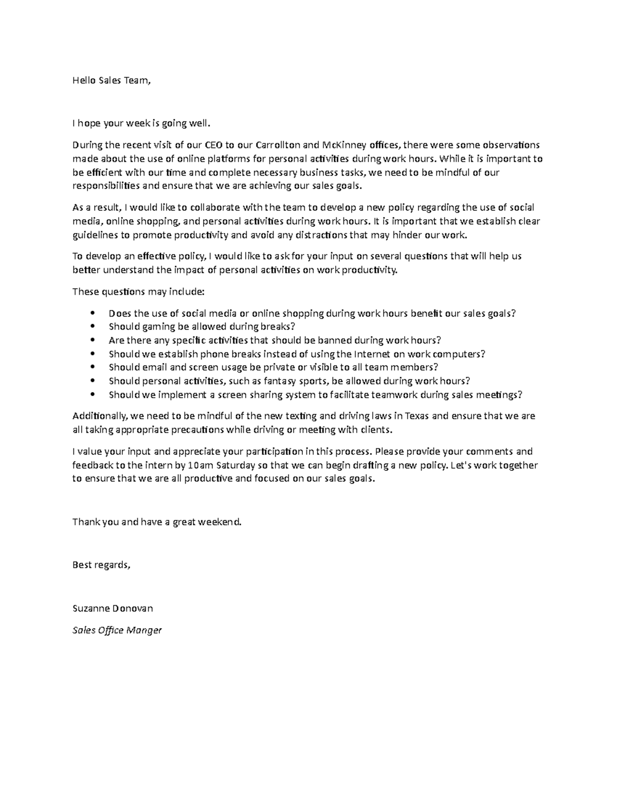 BCOM Email Assignment - Hello Sales Team, I hope your week is going ...
