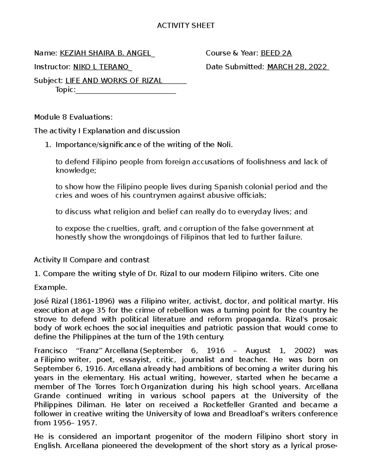 Rizal 2 - essay - ACTIVITY SHEET Name: KEZIAH SHAIRA B. ANGEL_ Course ...