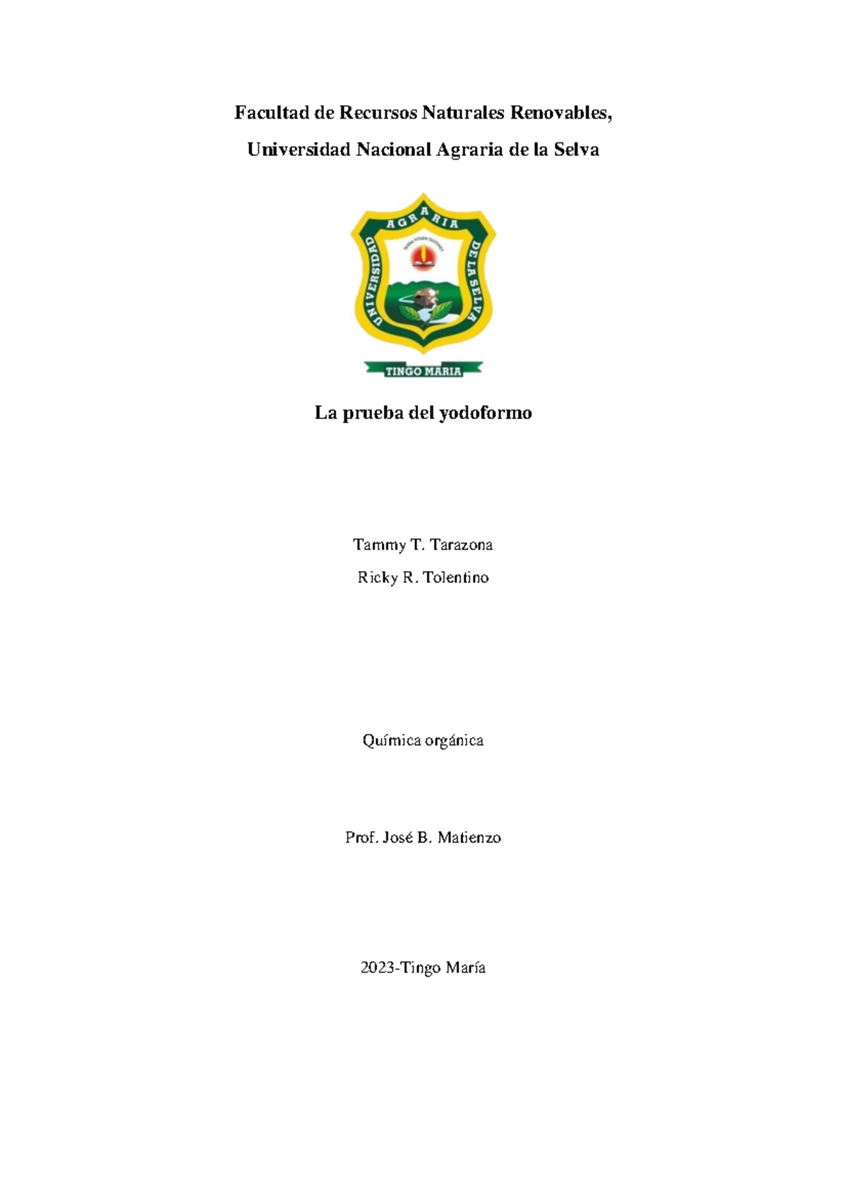 Yodoformo - practica de laboratorio - Facultad de Recursos Naturales ...