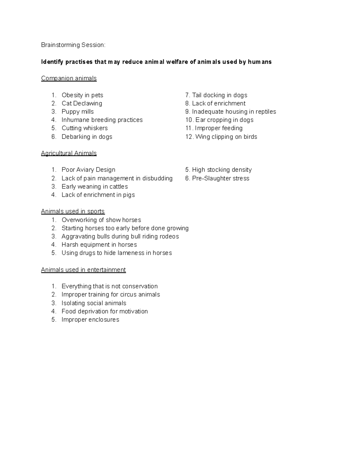 ANSC2210 Notes - Brainstorming Session: Identify practises that may ...