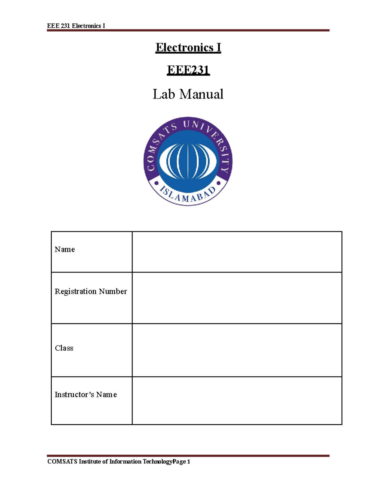 EEE231 Electronics 1 Lab Manual - EEE 231 Electronics I Electronics I EEE Lab Manual Name - Studocu