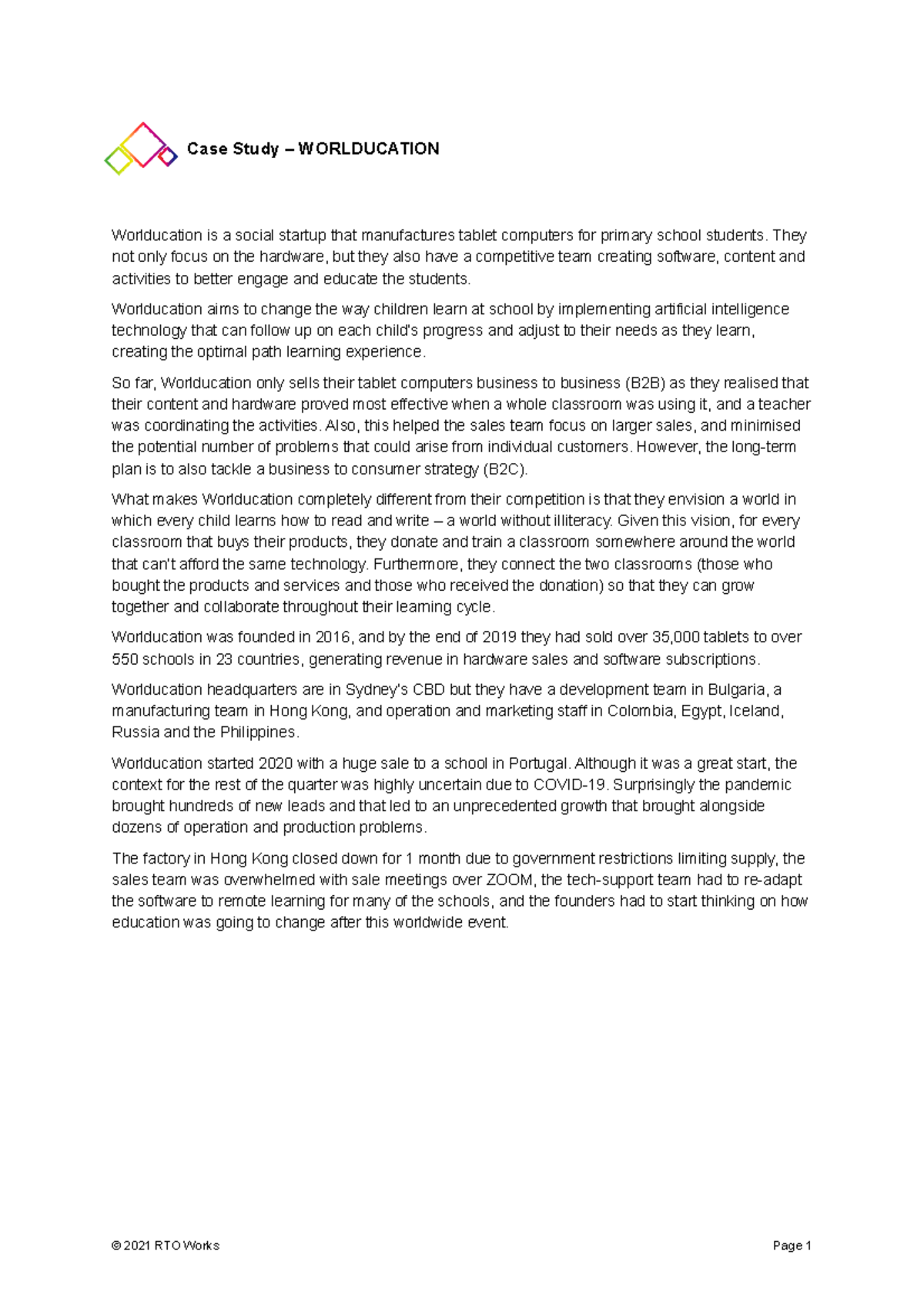 Bsbstr 601 Simulation Pack - Case Study – WORLDUCATION Worlducation is ...