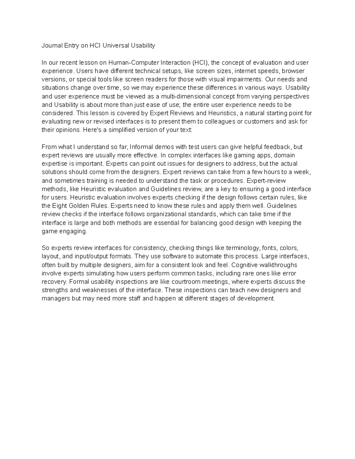 Journal 5 - Journal Entry on HCI Universal Usability In our recent ...