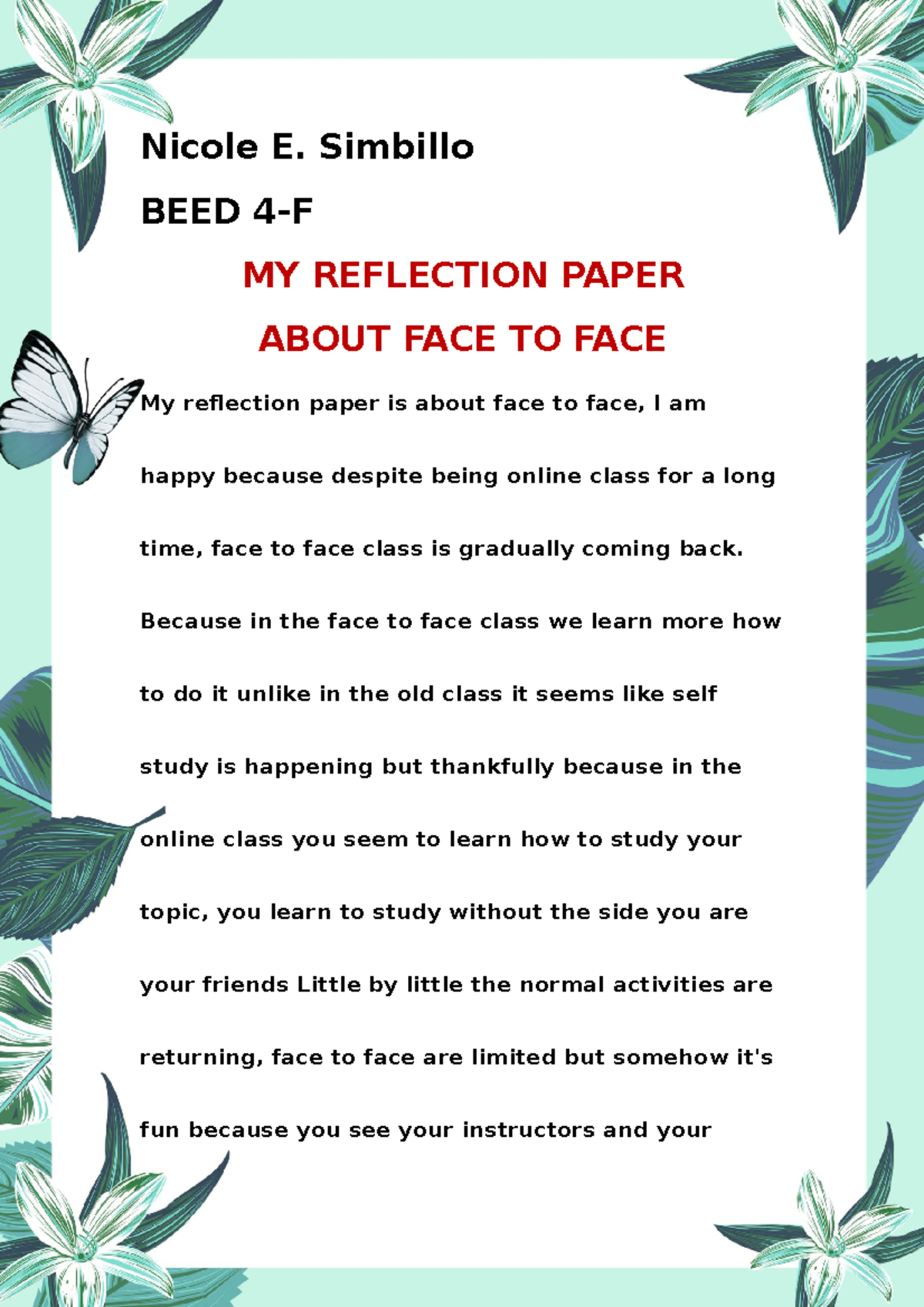 Reflection paper about face to face Nicole E. Simbillo 4-FReseach - Nicole E. Simbillo BEED 4-F ...