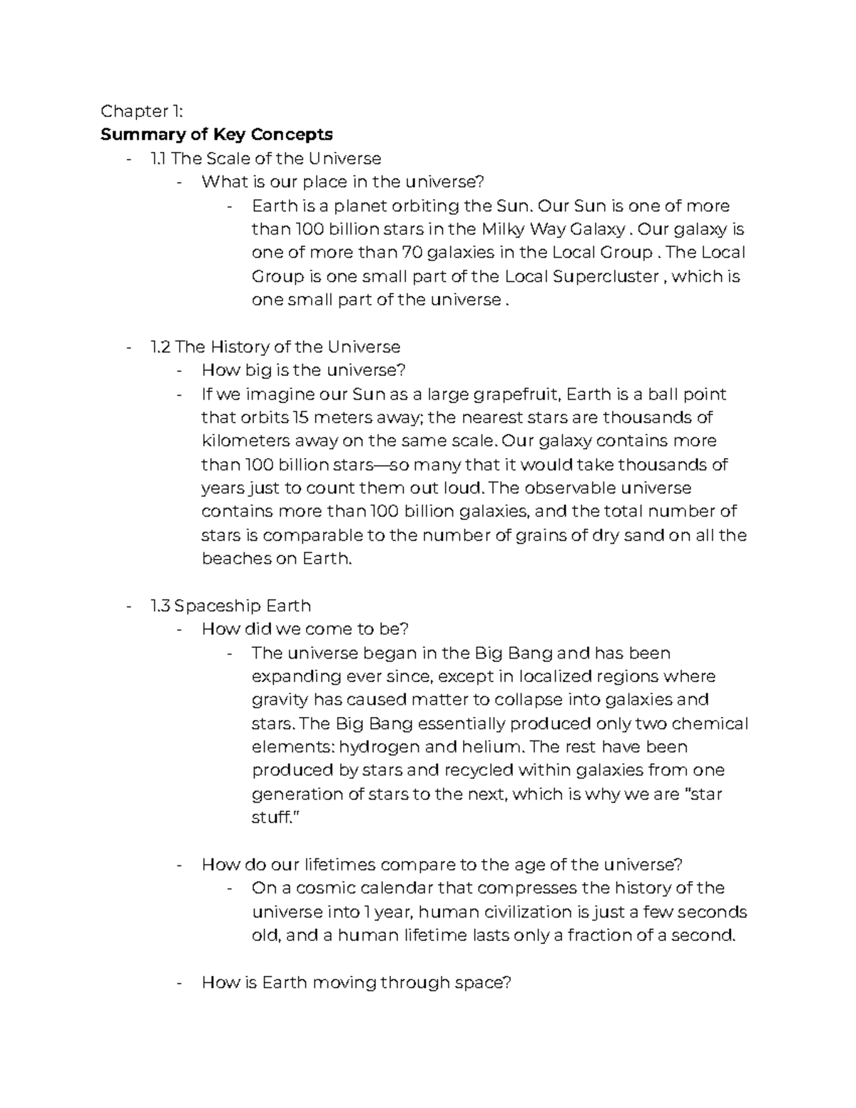 Astr Key Summary Notes Chapter 1 Summary Of Key Concepts 1 The Scale Of The Universe What