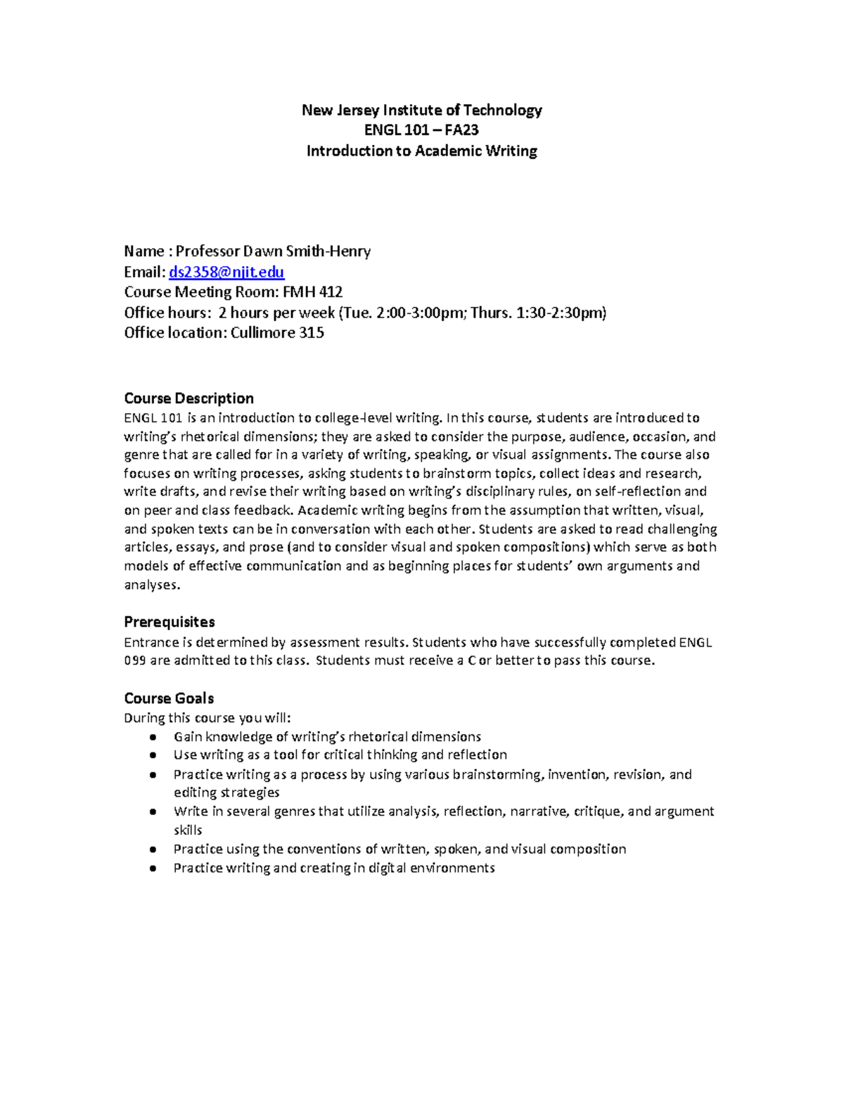 ENGL101 DSH Syllabus FA23 - New Jersey Institute of Technology ENGL 101 ...
