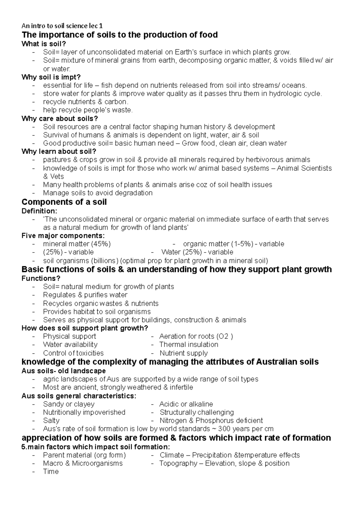 Ans101 Lecture 1 notes - An intro to soil science lec 1 The importance ...