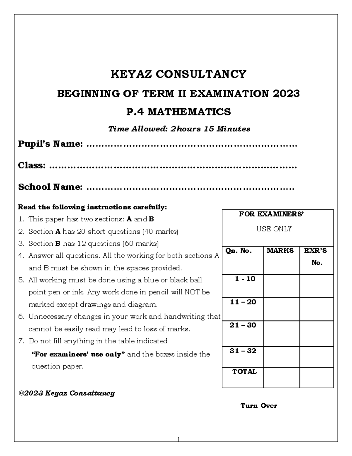 P.4 Maths MID II - Well summarised notes - FOR EXAMINERS’ USE ONLY Qn ...