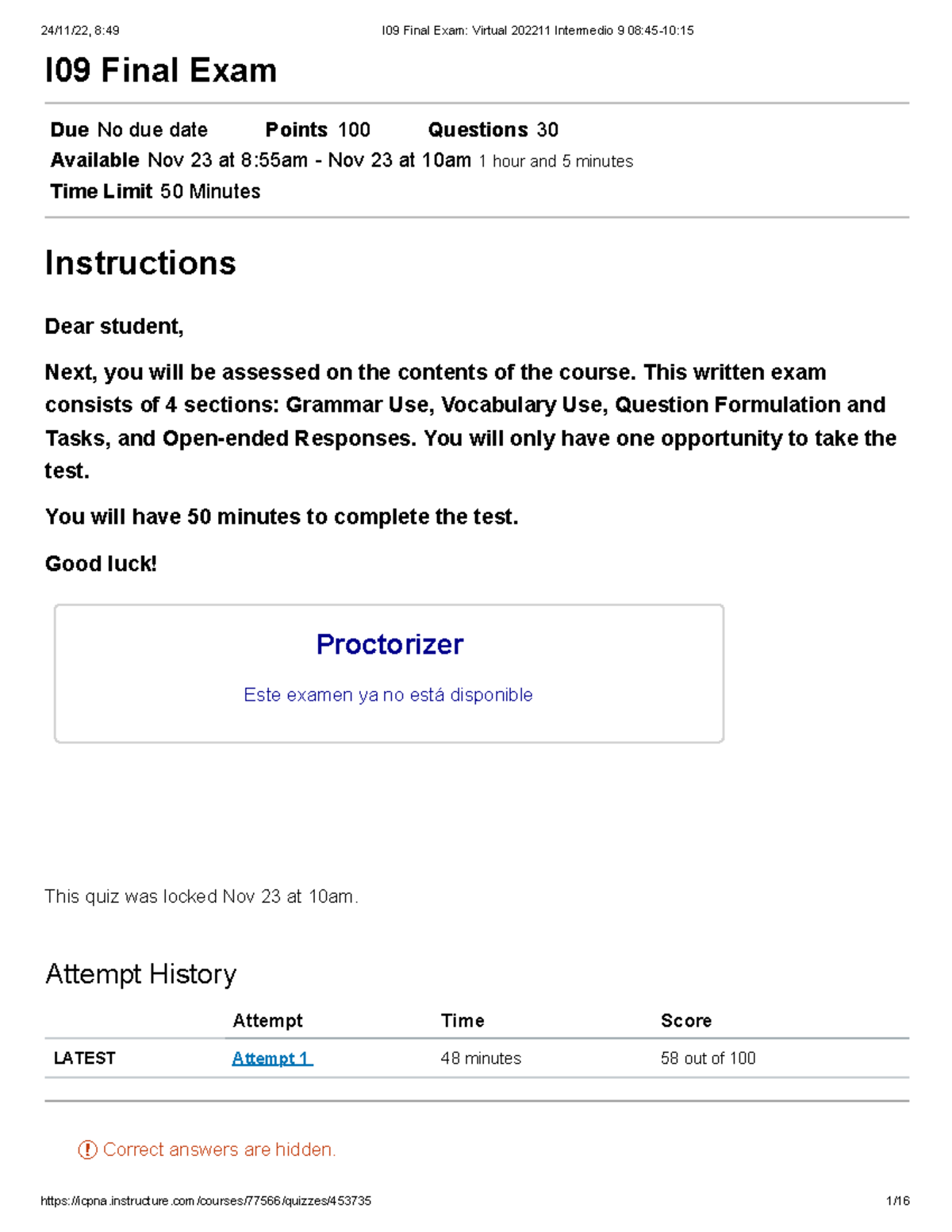 I09 Final Exam Virtual 202211 Intermedio 9 08 45-10 15 - I09 Final Exam ...