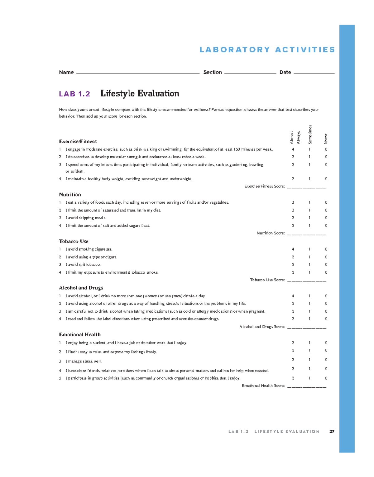 Lab 1.2-wellness - L A B 1. 2 L I F E S T Y L E E VA L U A T I O N 27 L A B O R A T O R Y A C T ...