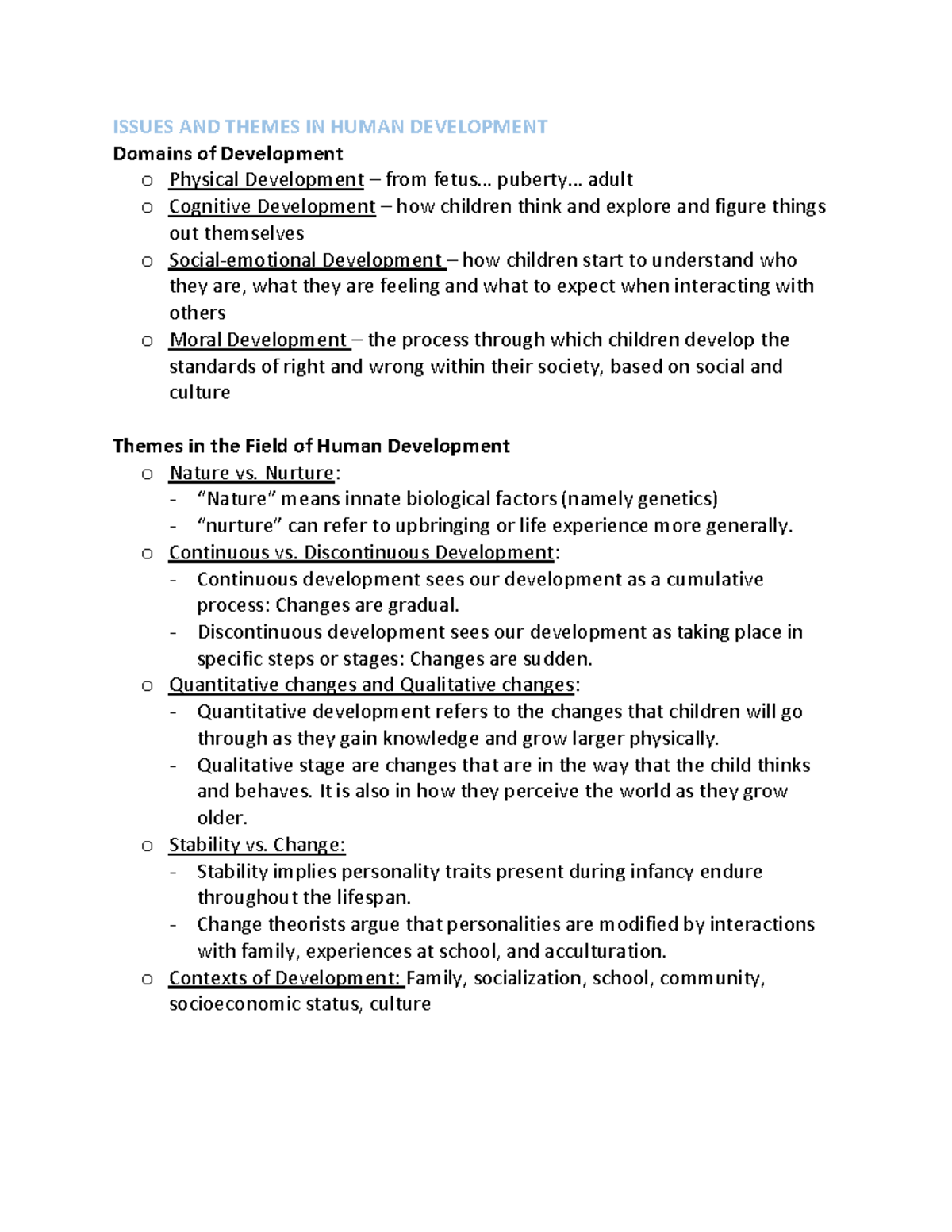 Unit 1 Study guide Psych - ISSUES AND THEMES IN HUMAN DEVELOPMENT ...
