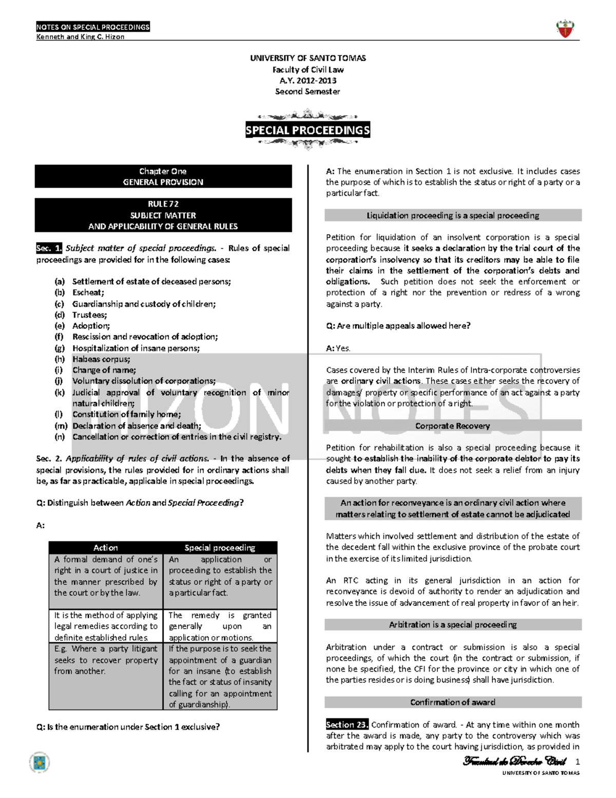 SCA-Spec Pro (Special Proceedings) Notes [Hizon & Hizon] - Kenneth and ...