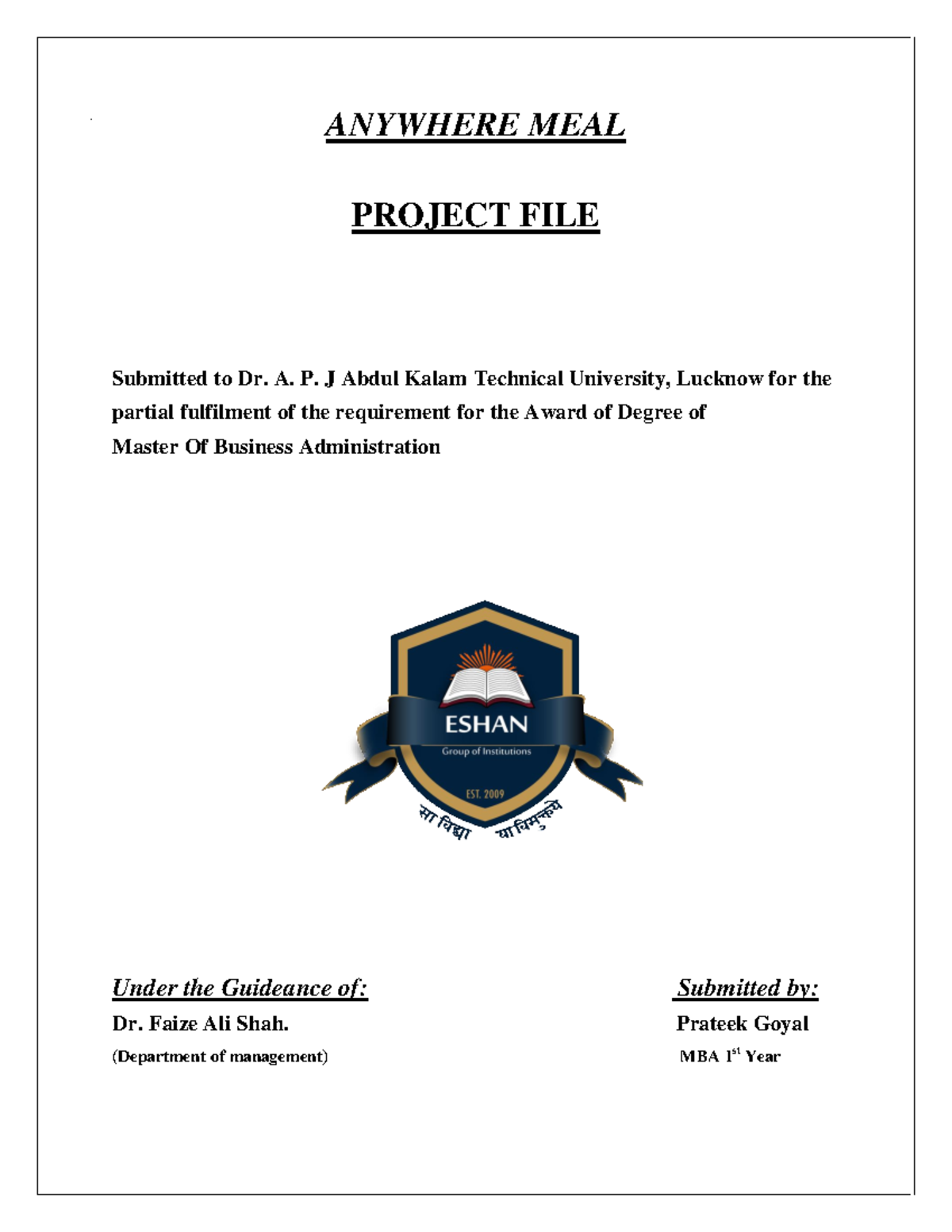 1st Sem Anywhere Meal - ANYWHERE MEAL PROJECT FILE Submitted to Dr. A ...