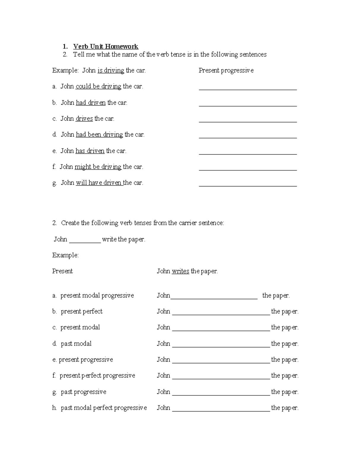 Verb Unit Homework-1 - Verbs - Verb Unit Homework Tell me what the name ...