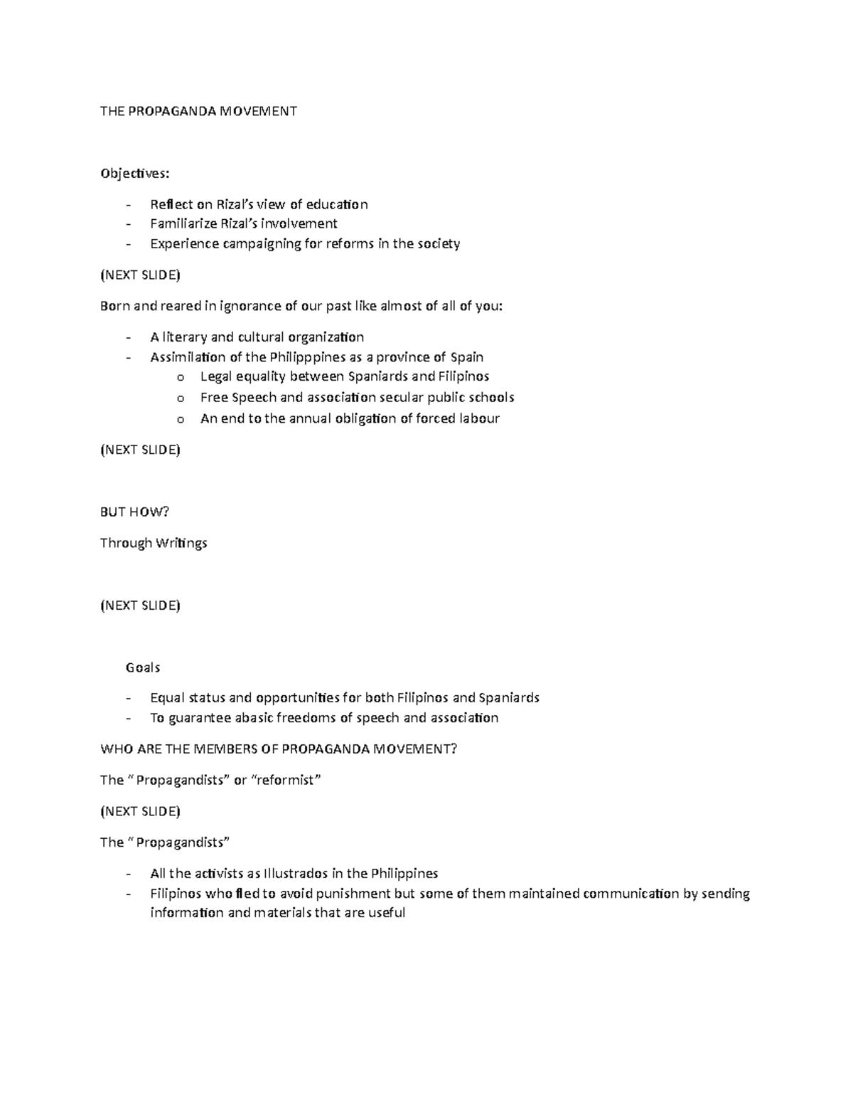 THE Propaganda Movement - THE PROPAGANDA MOVEMENT Objectives: - Reflect ...