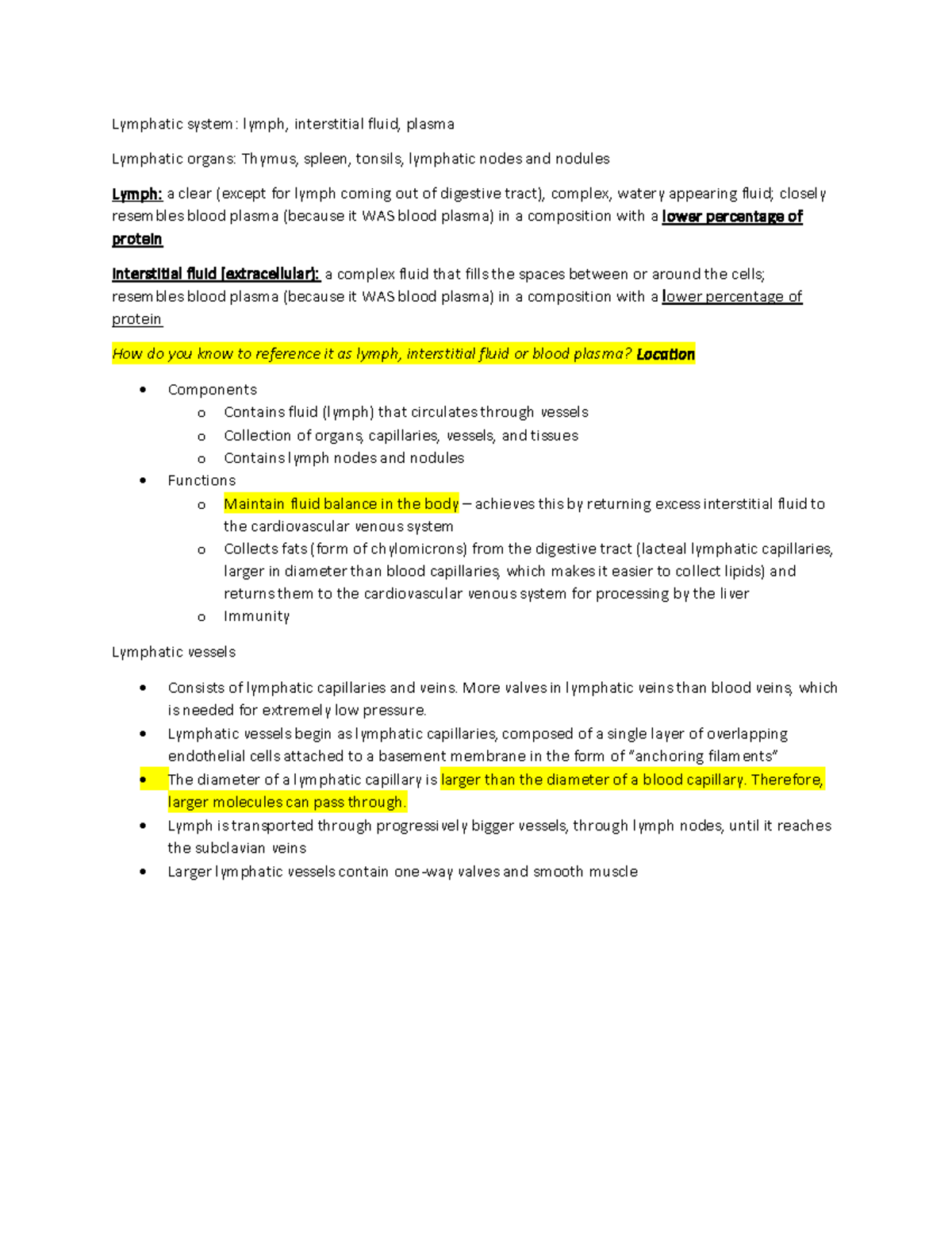 Immune system - Lecture notes - Lymphatic system: lymph, interstitial ...