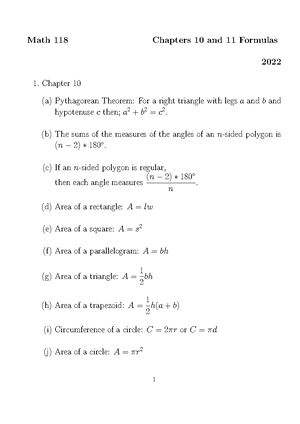 Chapter 8 formulas - Math 118 Chapter 8 Formulas 2022 Percents (a) Sales tax/Discount amount ...