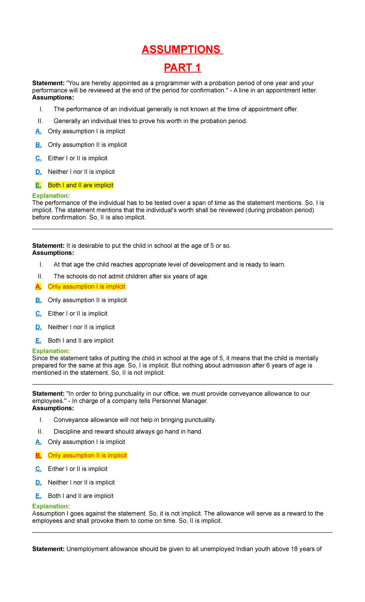 Assumptions-PART 1 - notes - ASSUMPTIONS PART 1 Statement: "You are ...
