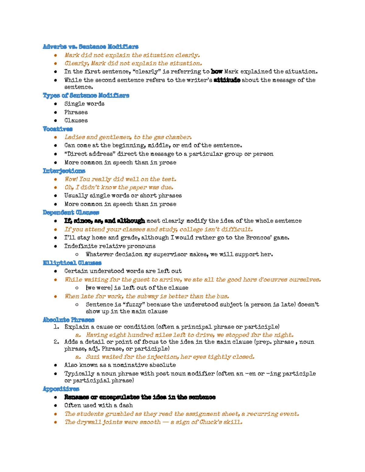 ENG 352 Chapter 9 Notes - Sentence Modifiers - Adverbs vs. Sentence ...