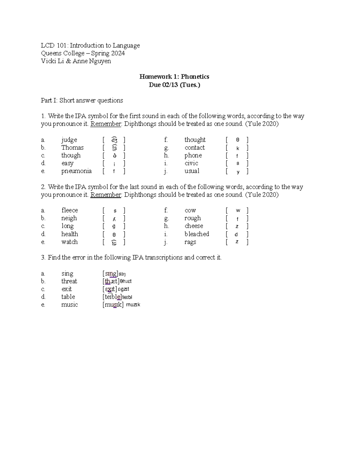 [ LCD 101 ] Homework - LCD 101: Introduction to Language Queens College ...