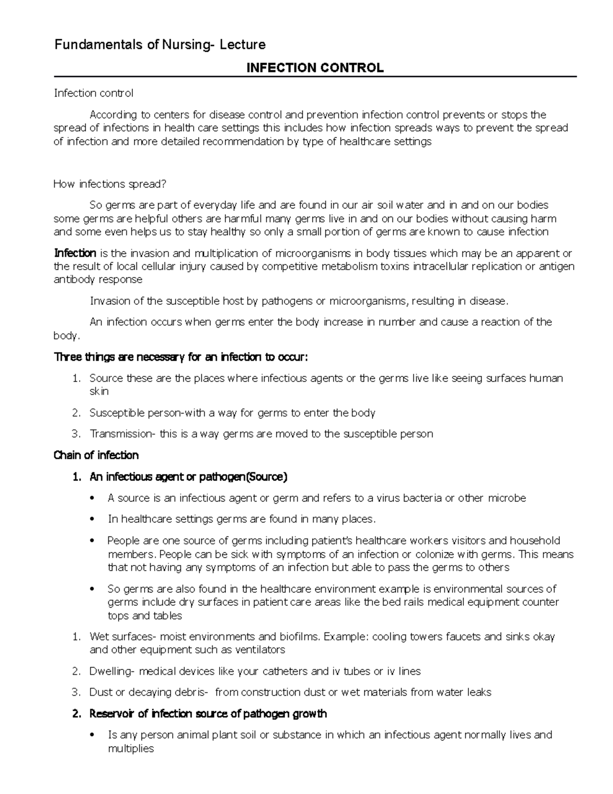 Fffffffff - Copy - Infection Control - Fundamentals of Nursing- Lecture ...