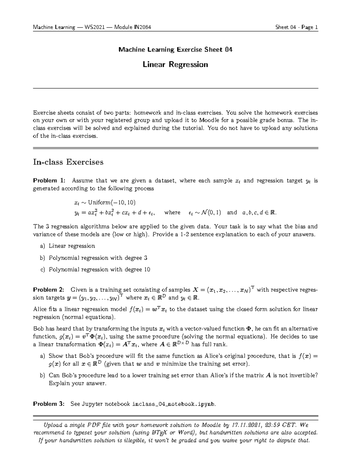 Exercise 04 linear regression - Machine learning - TUM - Studocu