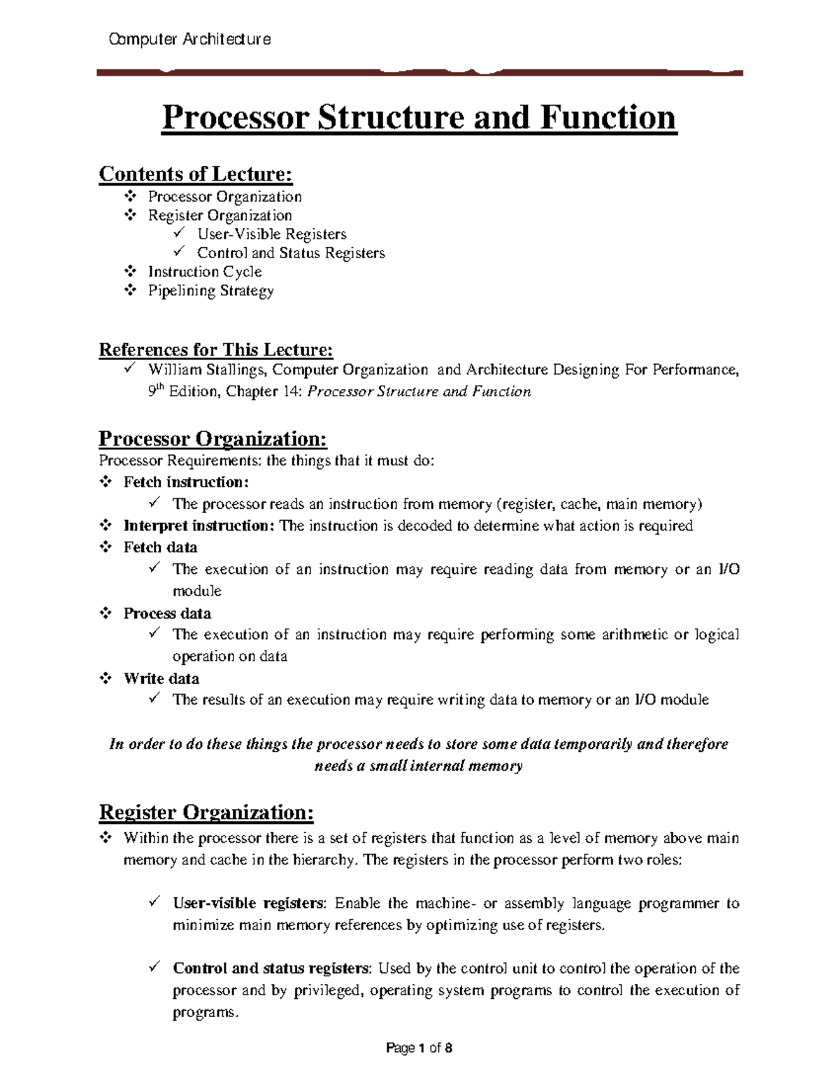 Comp Architecture Processor Structure And Function Sem7 Lecture No 8 علوم حاسوب Processor