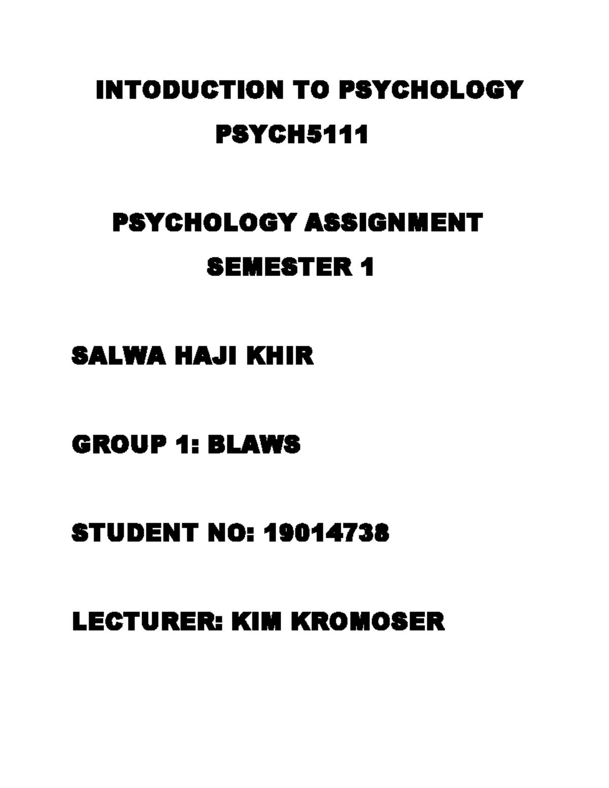 Psych assignment - Notes - INTODUCTION TO PSYCHOLOGY PSYCH PSYCHOLOGY ...