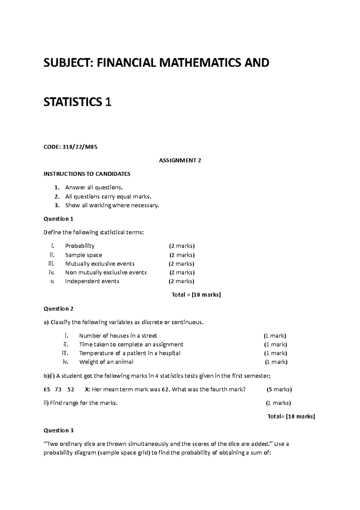Financial Mathematics AND Statistics Assignments - SUBJECT: FINANCIAL ...