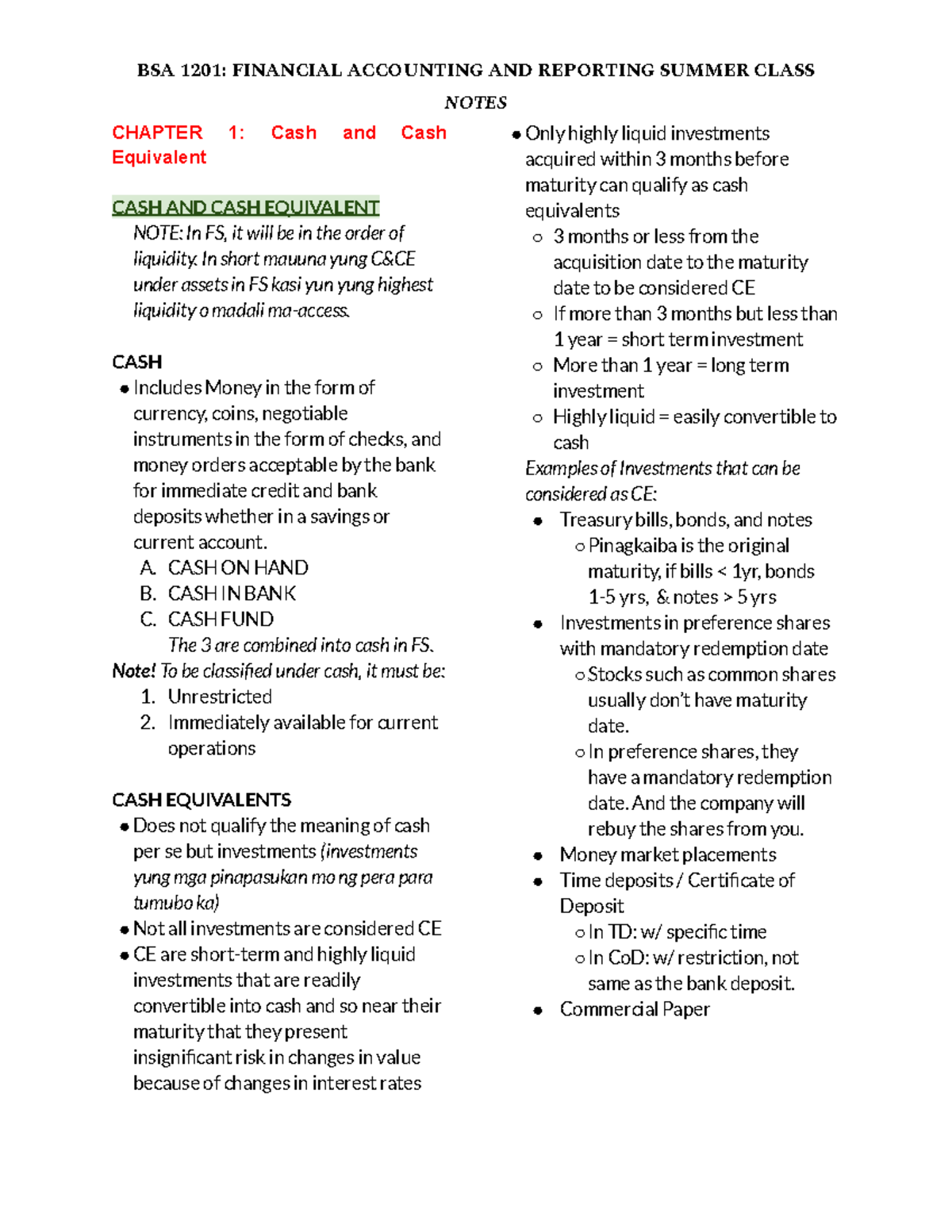 Financial Accounting and Reporting Notes - NOTES CHAPTER 1: Cash and ...