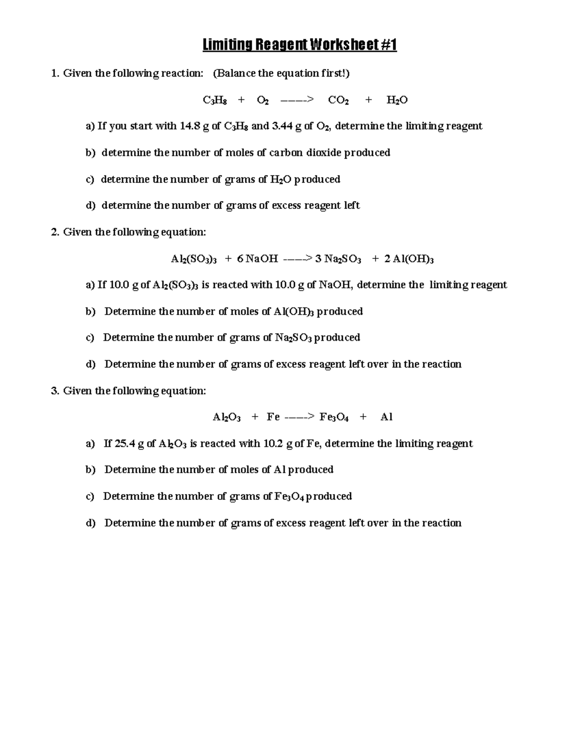 Limiting Reagent Worksheets #1-2(1) - Given the following reaction ...