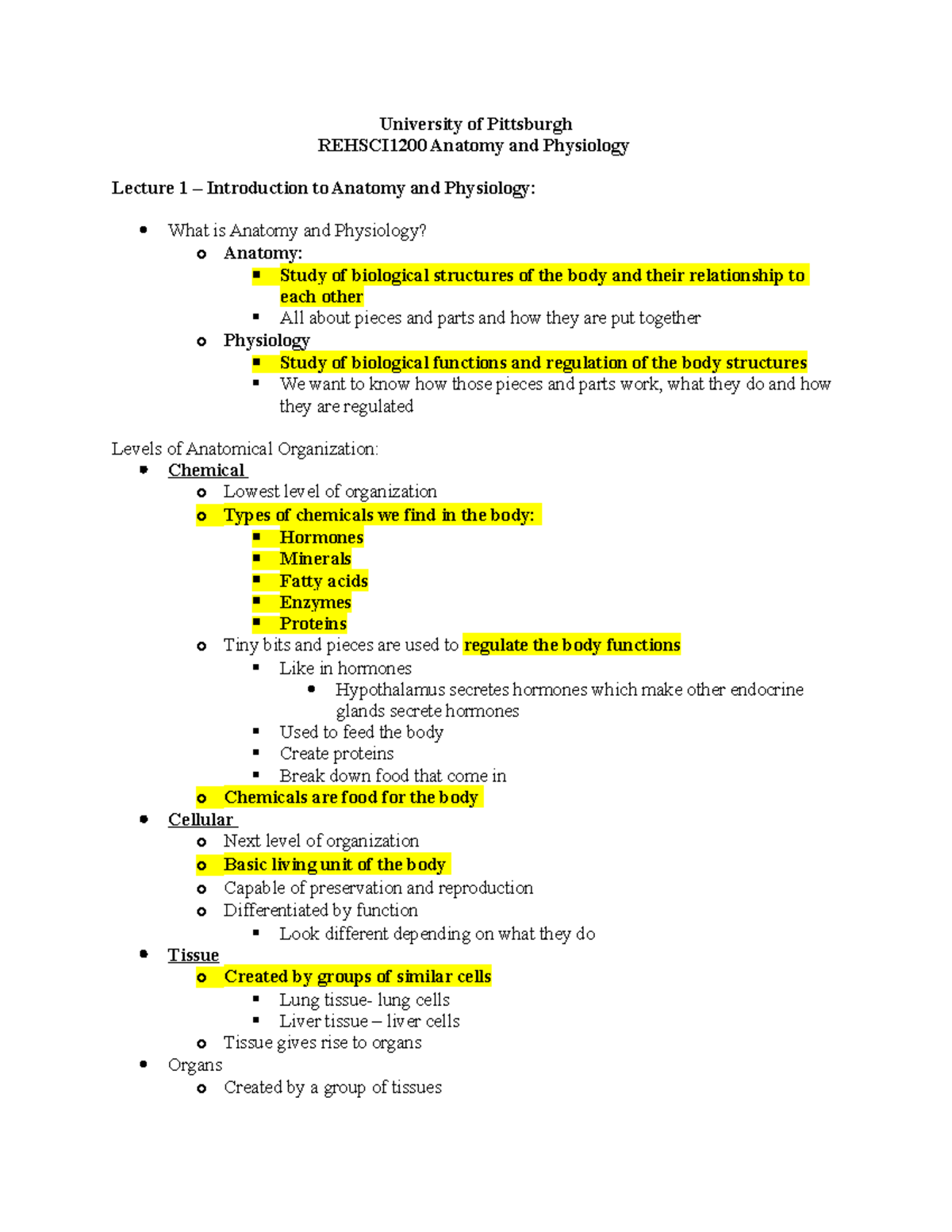 Introduction to Anatomy and Physiology - Studocu